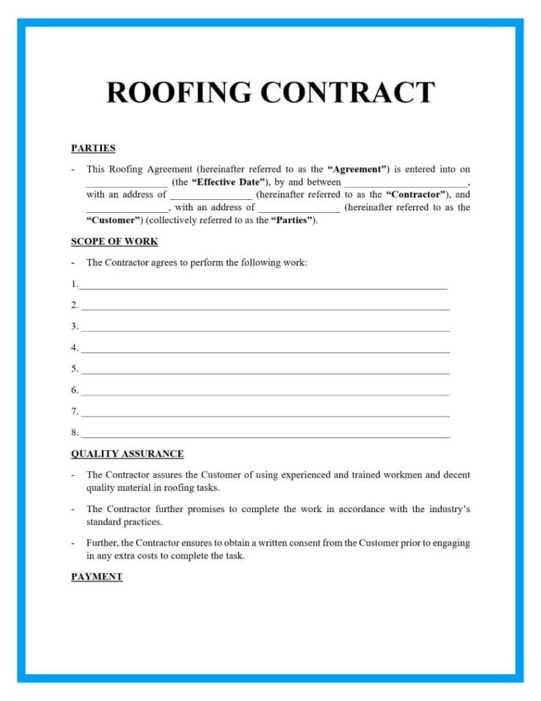 Free Printable Roofing Contract Template Fillable Form 2025