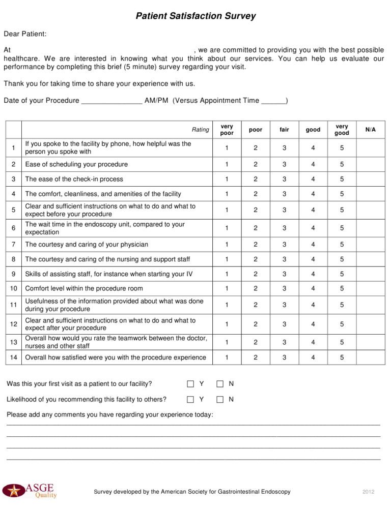 Patient Satisfaction Survey Form Asge Download Printable PDF Templateroller - Fillable Form 2023