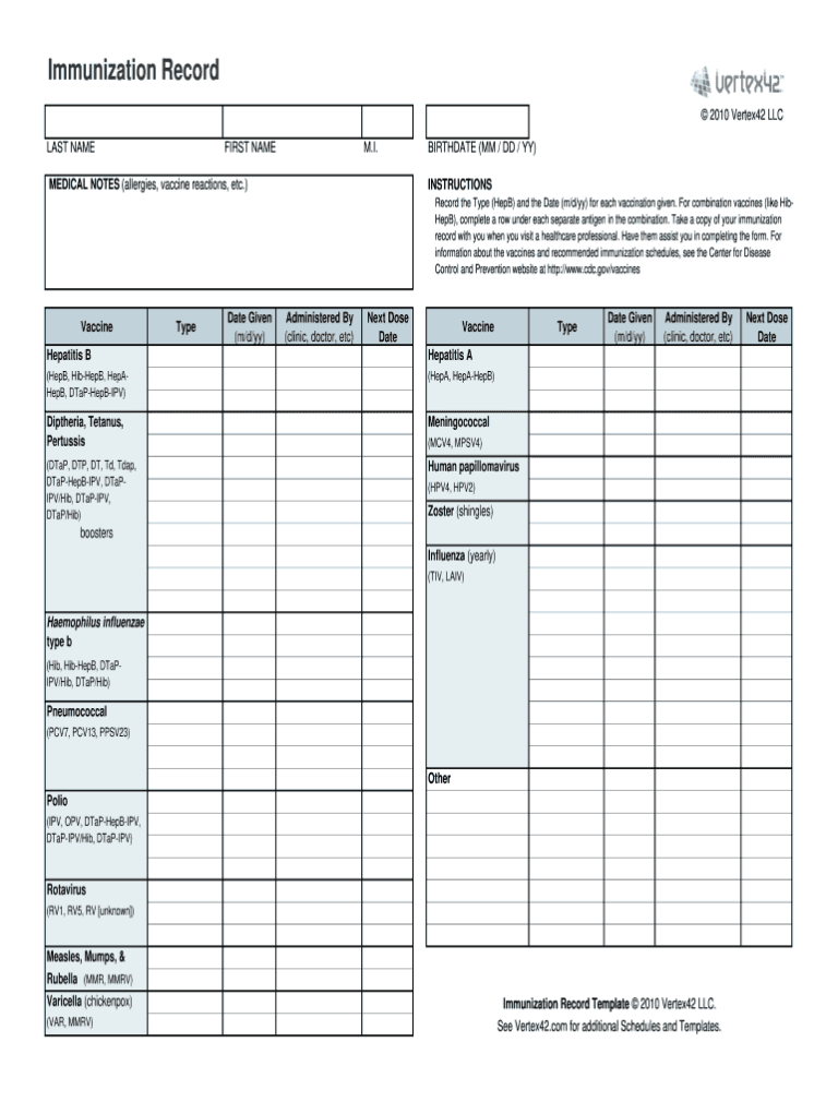 Printable Immunization Record Template - Fillable Form 2023