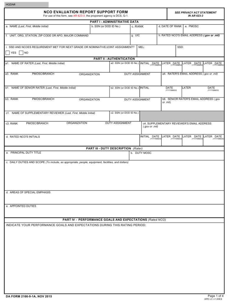 Da Form 2166-9-1a Fillable PDF - Fillable Form 2024