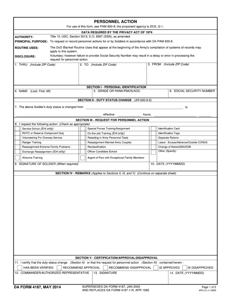 Da Form 4187 1 R Fillable - Fillable Form 2025