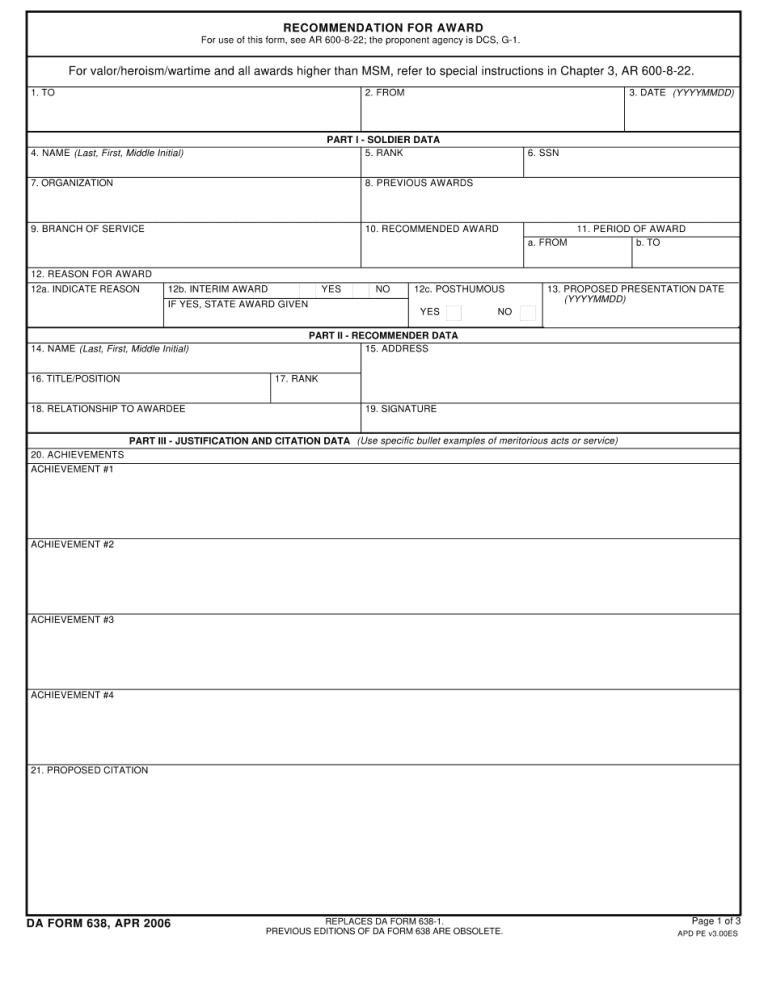 Da Form 638 Apr 2006 Fillable Word - Fillable Form 2024