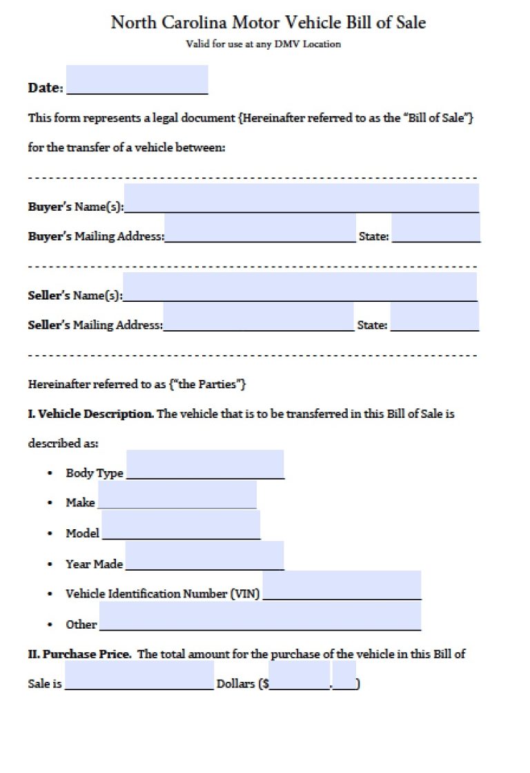 Fillable Nc Dmv Bill Of Sale - Fillable Form 2022