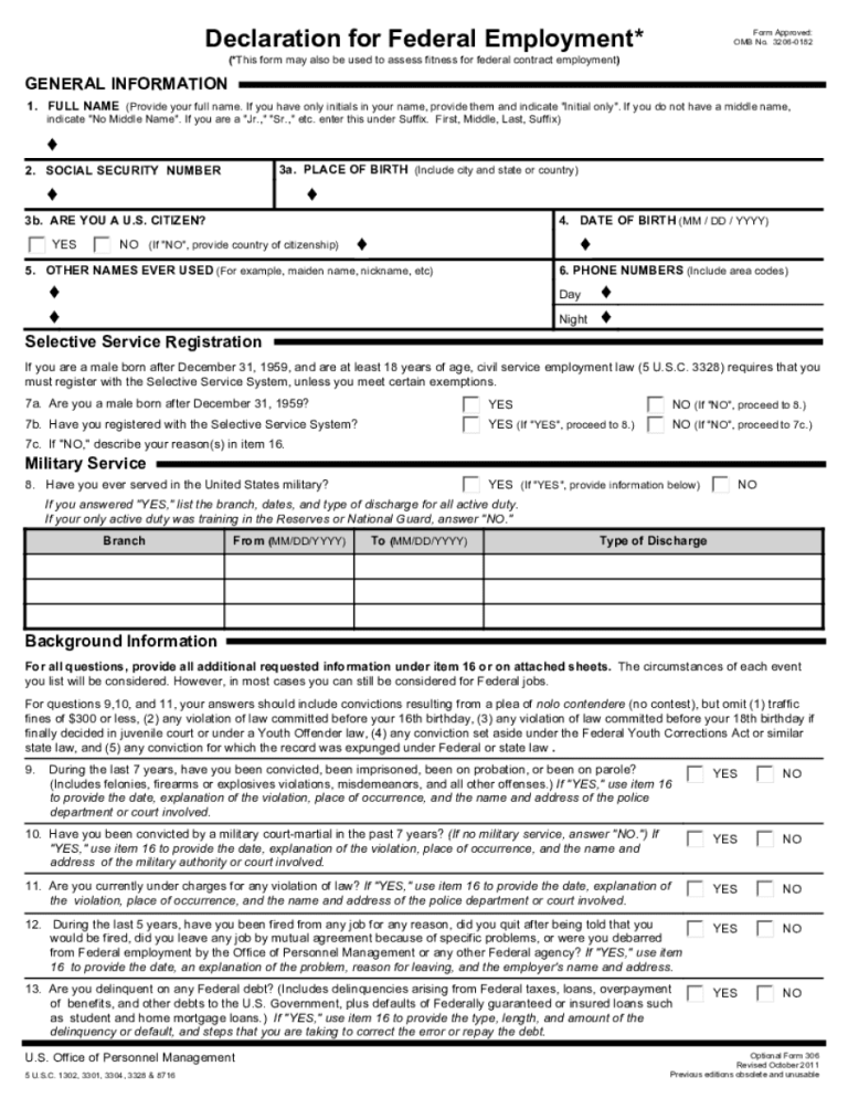 Declaration For Federal Employment Form Fillable - Printable Forms Free ...