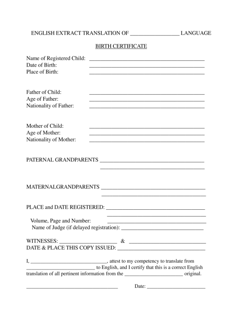 Birth Certificate Translation Form Pdf Fill Online Printable Fillable Blank PdfFiller - Fillable ...