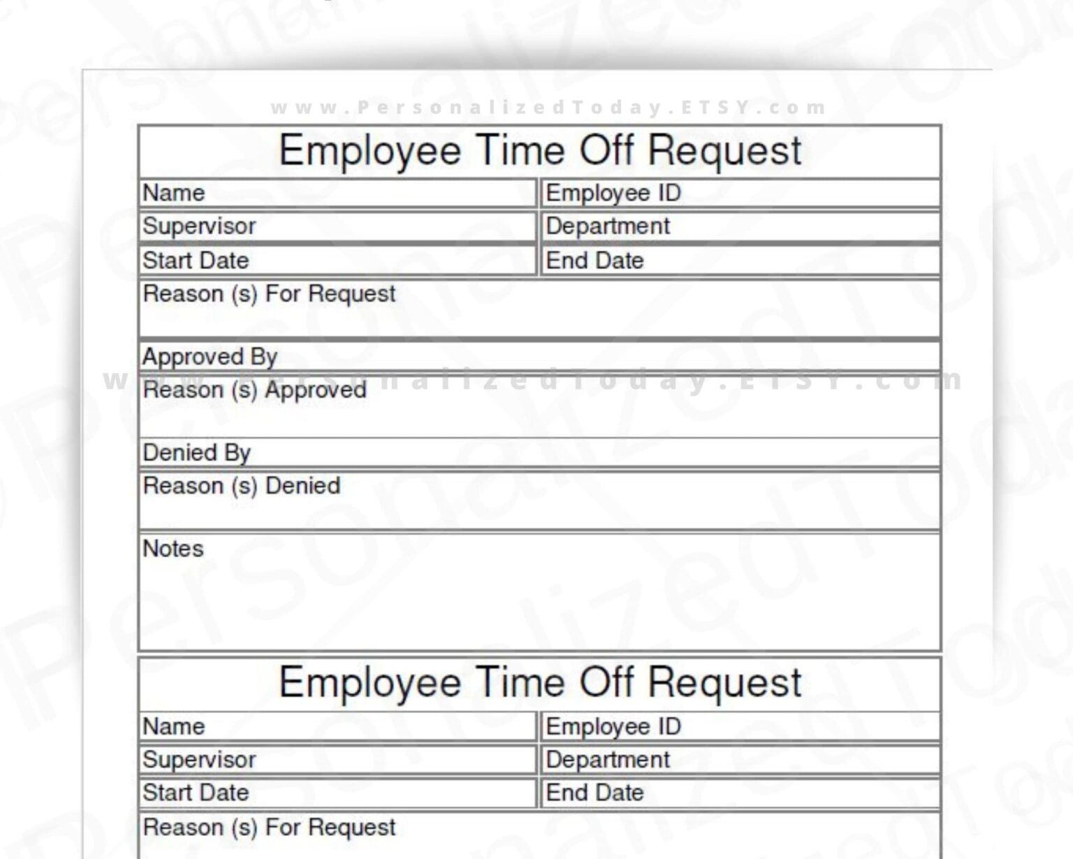 Employee Time Off Request Forms Printable And Fillable PDF Etsy De ...