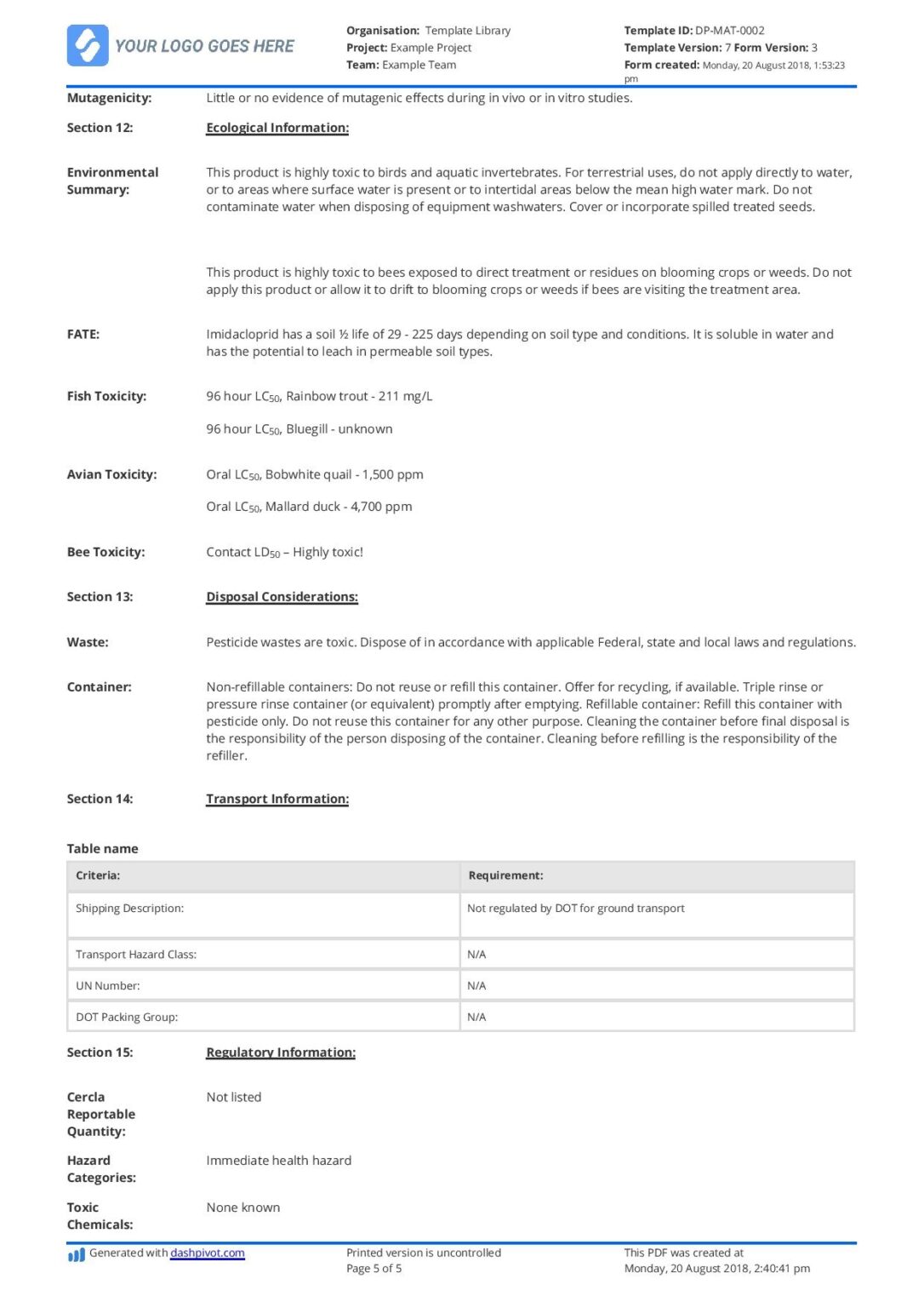 Free Material Safety Data Sheet Template Better Than Word Excel PDF ...