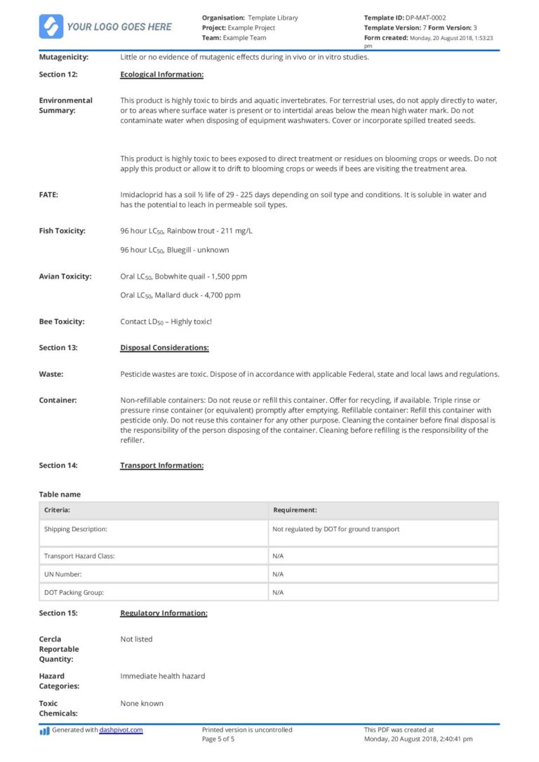Free Material Safety Data Sheet Template Better Than Word Excel PDF ...