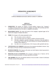 Free Single Member LLC Operating Agreement Template - Fillable Form 2024