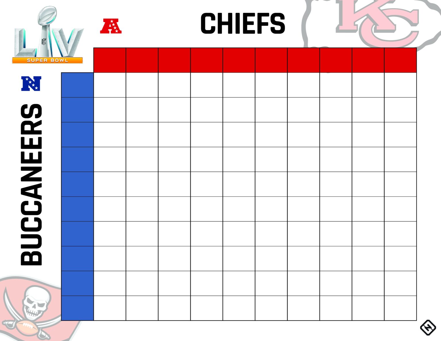 Printable Super Bowl Squares Grid For Chiefs Vs Buccaneers In 2021 