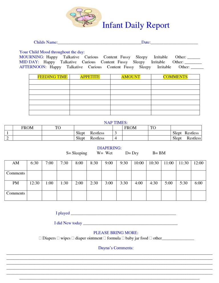 The Stunning Baby Daily Sheet Infant Daily Report Download As Doc For ...