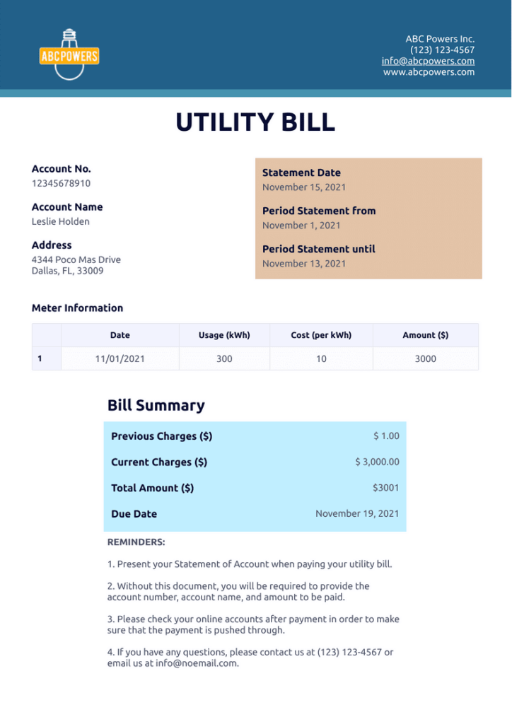 Printable Editable Blank Utility Bill Template Fillable Form 2025