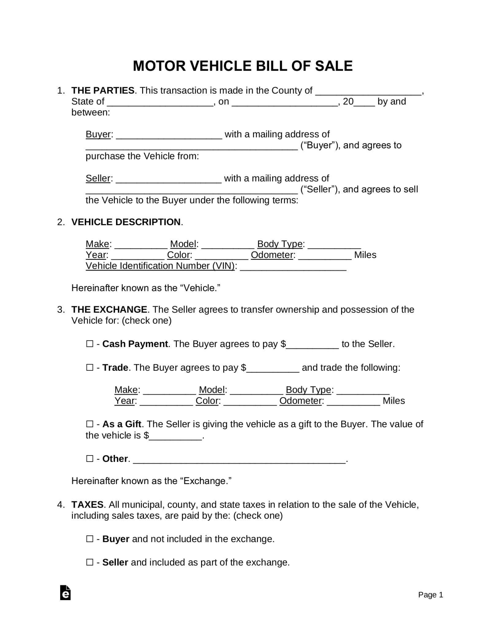 Free Motor Vehicle DMV Bill Of Sale Form PDF Word EForms - Fillable ...